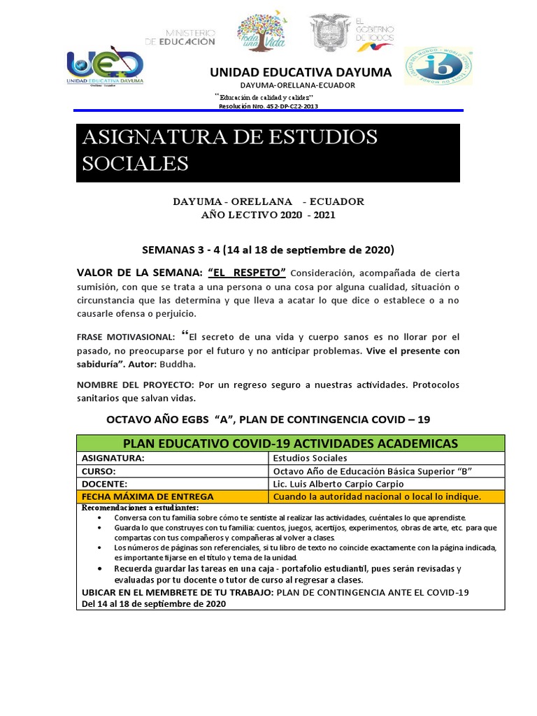 Plan Educativo Semana 4 de 8vo Egb. B. | PDF | Sistema inmune | Entero