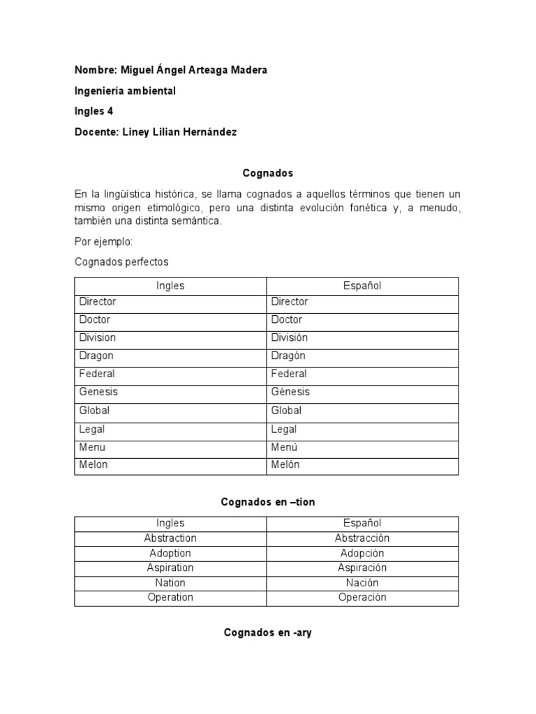 Cognados Pasado Perfecto y Oraciones | PDF | Lingüística | Temblores