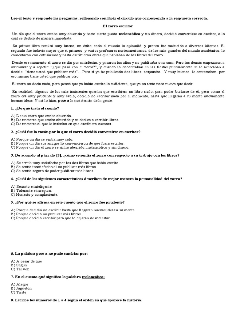 El Zorro Escritor: Comprensión Lectora | PDF