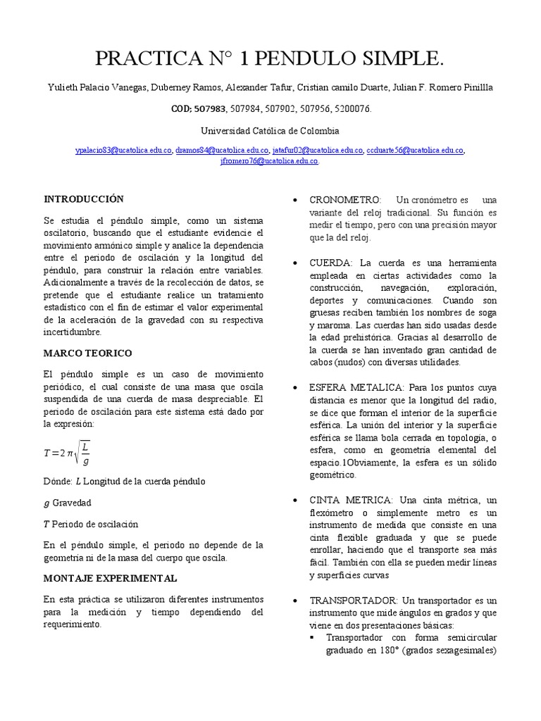 Pendulo Simple Lab 1 | PDF | Péndulo | Cuerda