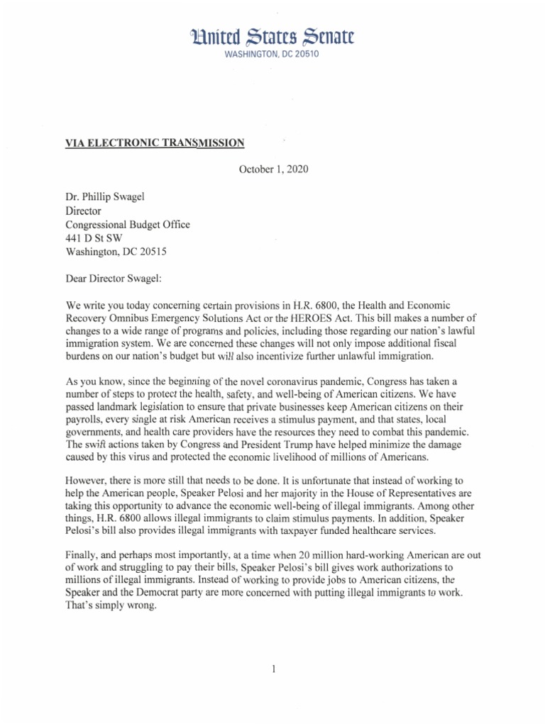 Senator Letter To CBO | PDF
