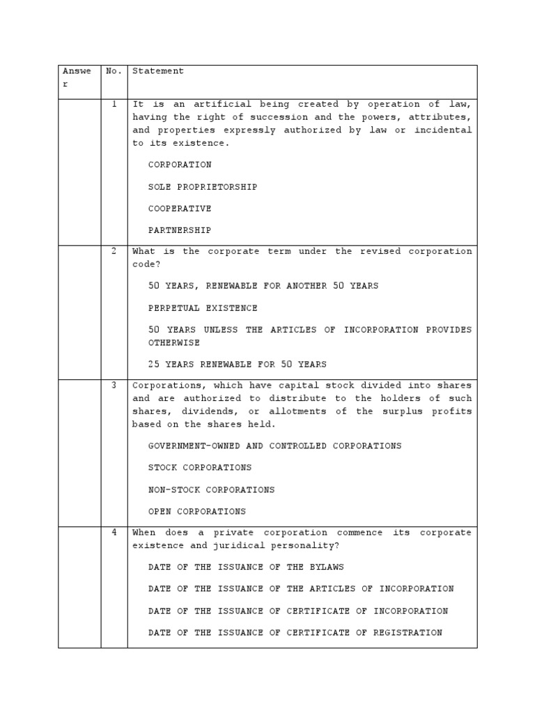 REVISED CORPORATION CODE MCQs | PDF | Corporations | Board Of Directors