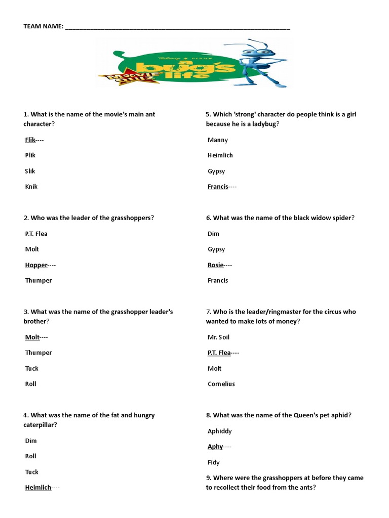 A Bug's Life Trivia Worksheet | PDF | Insects | Insects And Humans