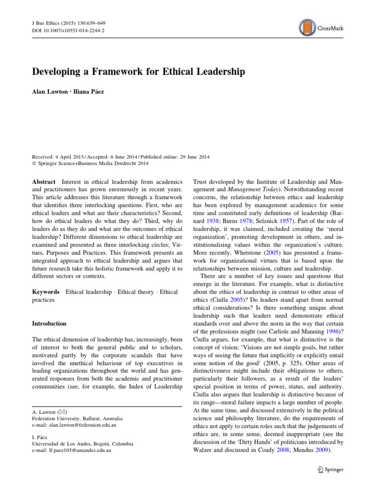 Developing A Framework For Ethical Leadership | PDF | Integrity ...