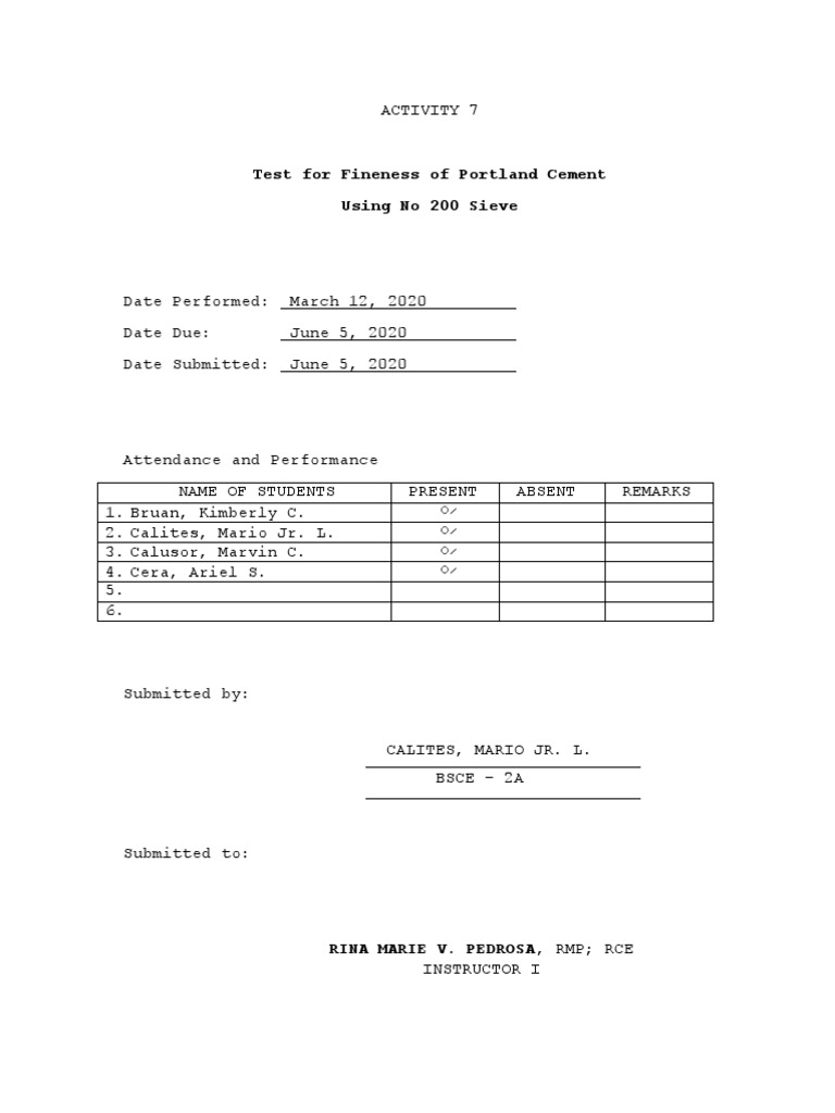 ACTIVITY 7 - Test of Fineness of Portland Cement On No. 200 Sieve | PDF ...
