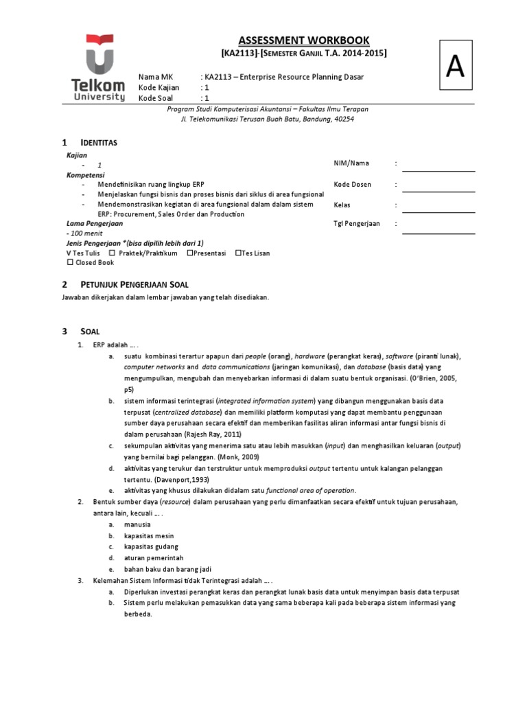 KA2113 ERP Dasar MDA Assessment Ke 1 Versi 1 Soal | PDF