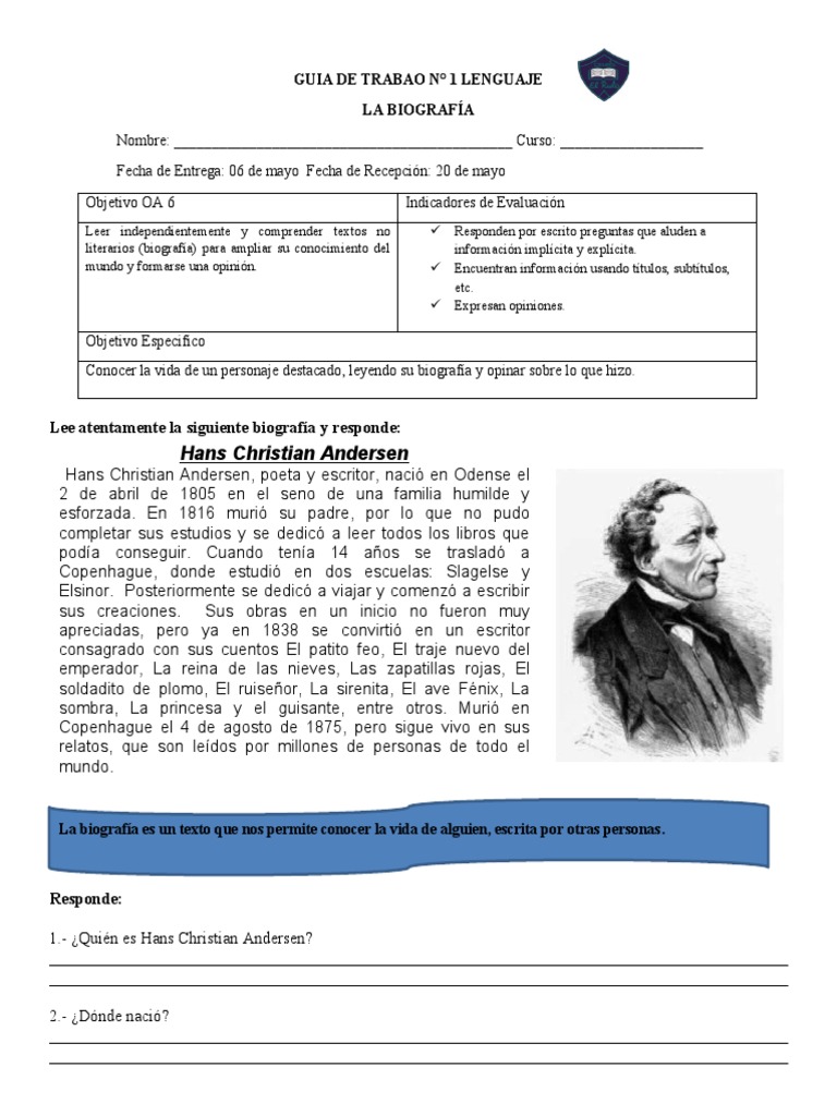 Guía biografía Hans Christian Andersen | PDF | Hans Christian Andersen