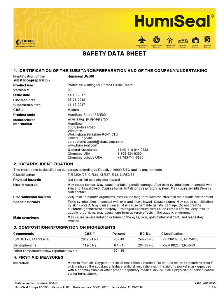 Safety Data Sheet for Humiseal UV500 Protective Coating | PDF ...