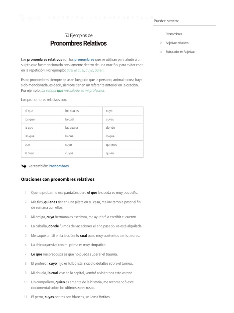 50 Ejemplos de Pronombres Relativos | PDF | Sintaxis | Gramática