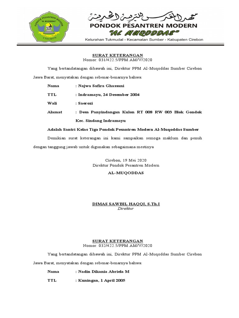 Surat Keterangan Santri & Lulus | PDF