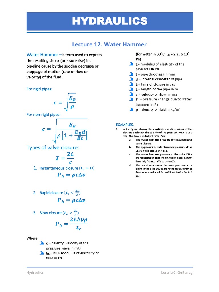 NU - Lecture 12 (WATER HAMMER) PDF | PDF | Classical Mechanics | Civil ...