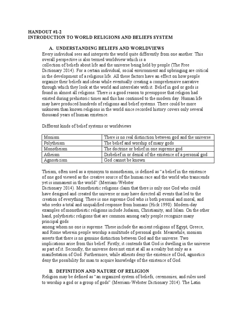 HANDOUT #1-2 Introduction To World Religions and Beliefs System A ...