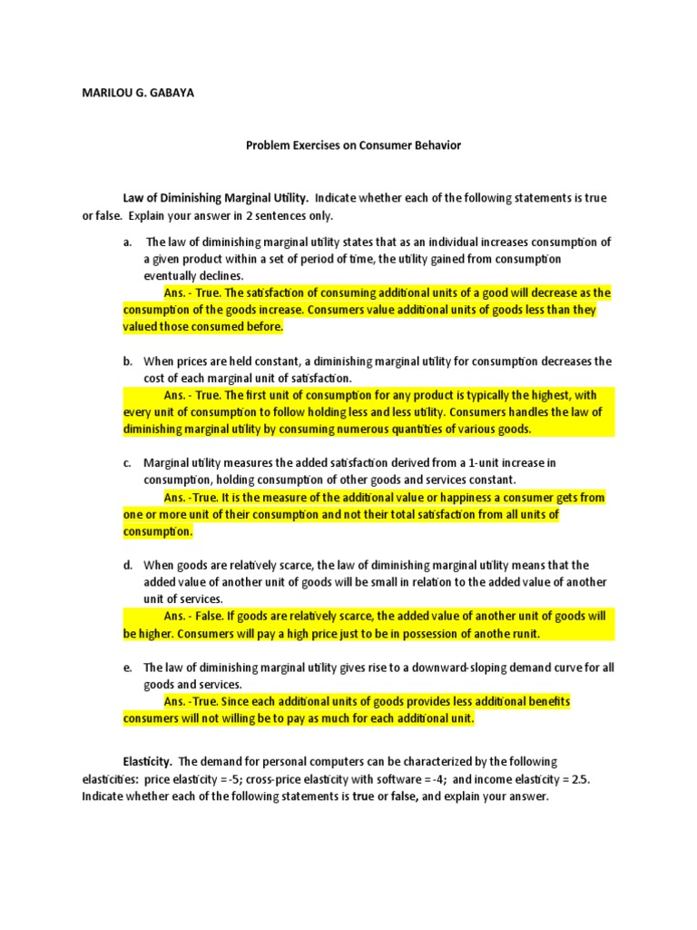 Problem Exercises On Consumer Behavior | PDF | Utility | Marginal Utility