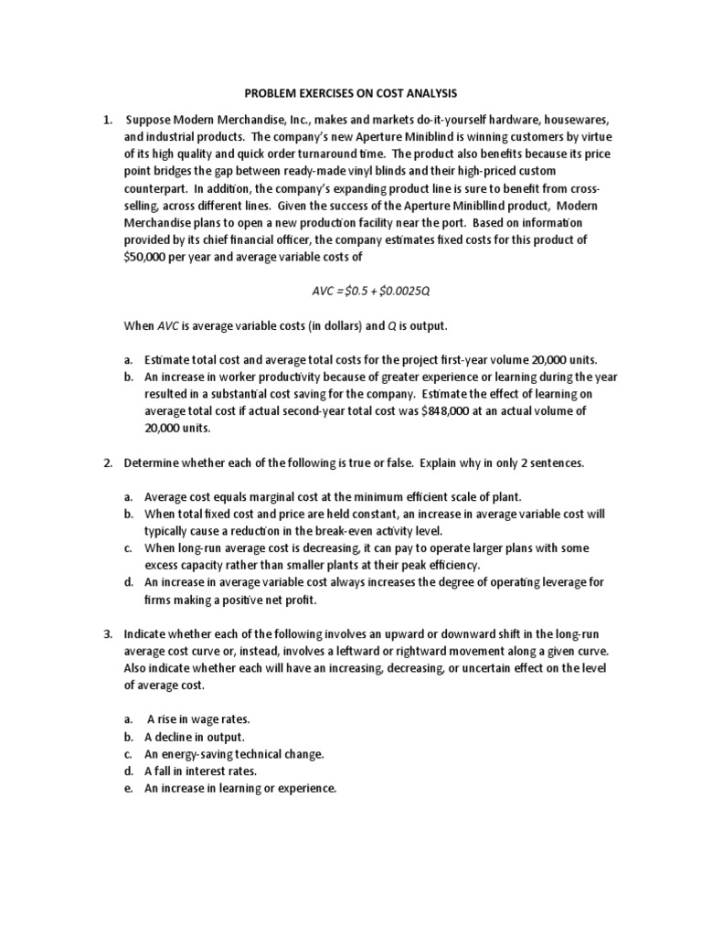 Cost Analysis Problem Exercises | PDF | Average Cost | Market (Economics)