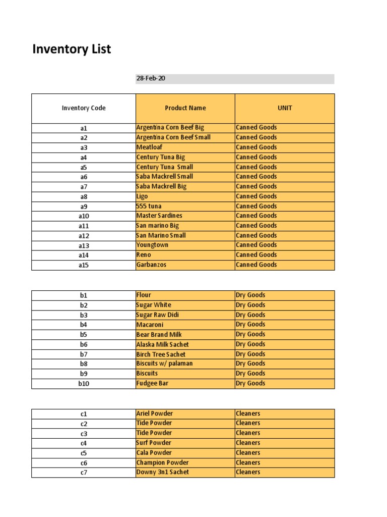 Inventory List | PDF | Foods | Food And Drink