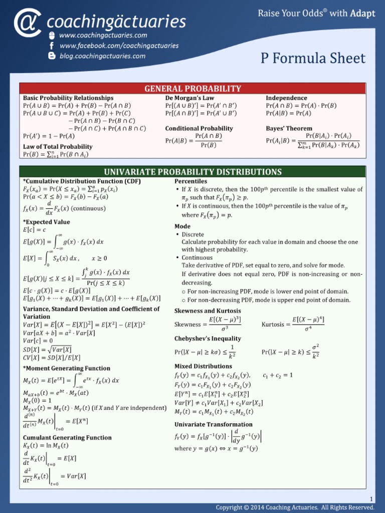 ADAPT Formula Sheet 2015 - SOA Exam P PDF | PDF