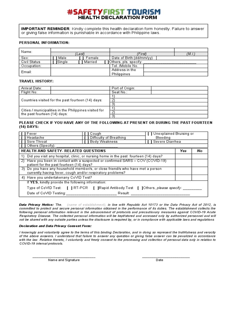 Health Declaration Form: or Giving False Information Is Punishable in ...