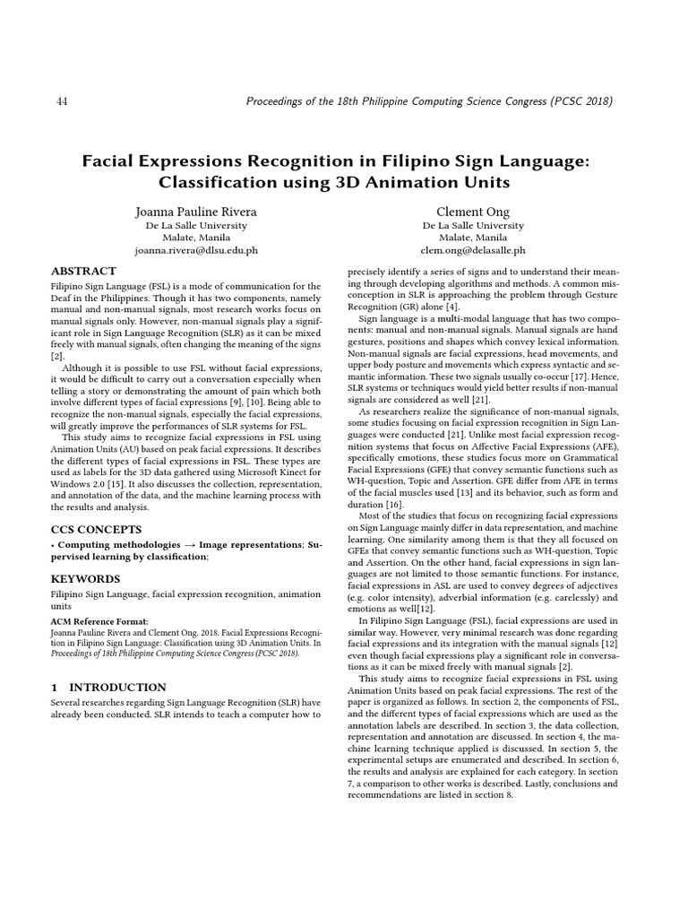 Facial Expressions Recognition in Filipino Sign Language ...