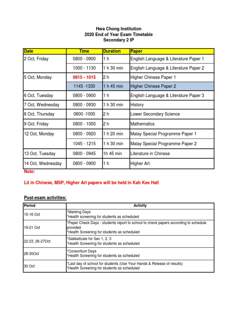 2020 - S2 - EOY Exam Timetable PDF | PDF