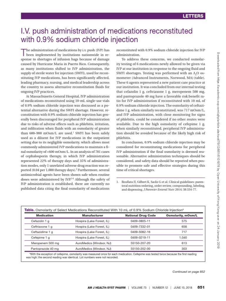 2018 I.V. Push Administration of Medications Reconstituted With 0.9% NS ...