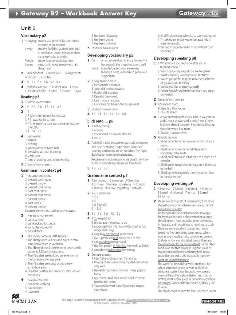 Gateway B2 - Workbook Answer Key: Unit 1 | PDF | Behavior Modification
