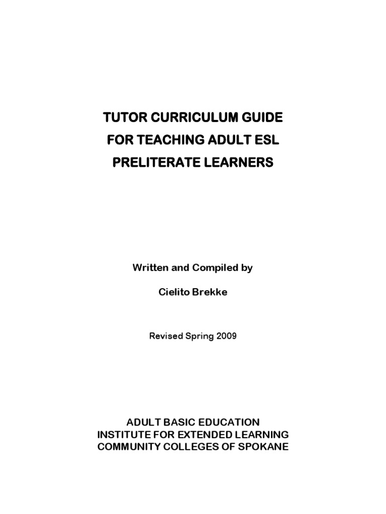 Tutor Curriculum Guide For Teaching Adult ESL Basic Literacy PDF | PDF ...