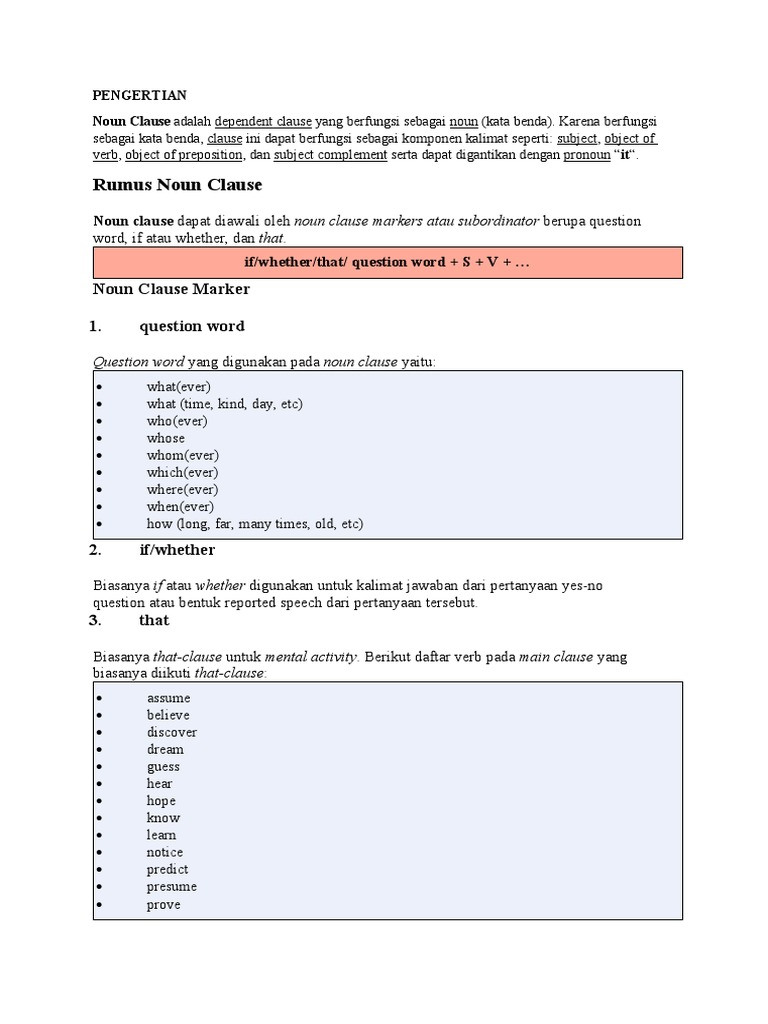 Pengertian dan Contoh Noun Clause | PDF | Filsafat | Seni & Disiplin Bahasa
