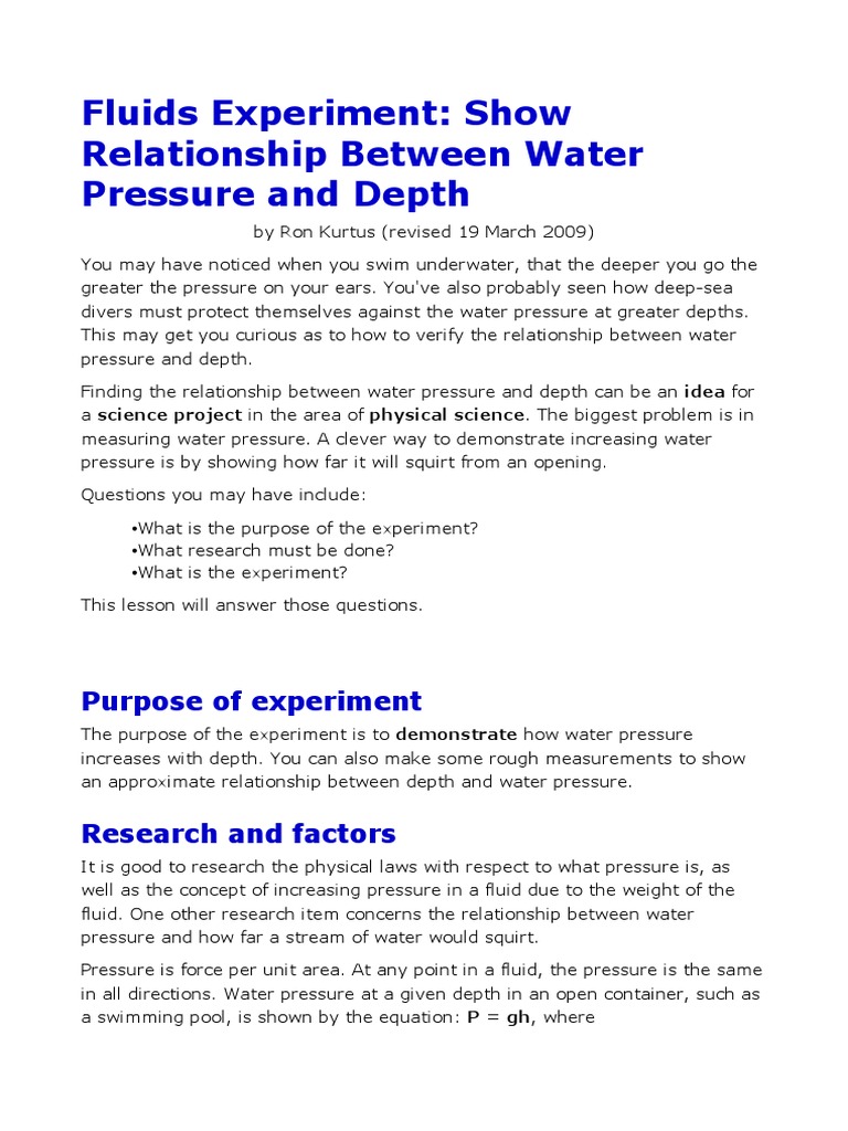 Fluids Experiment: Show Relationship Between Water Pressure and Depth ...