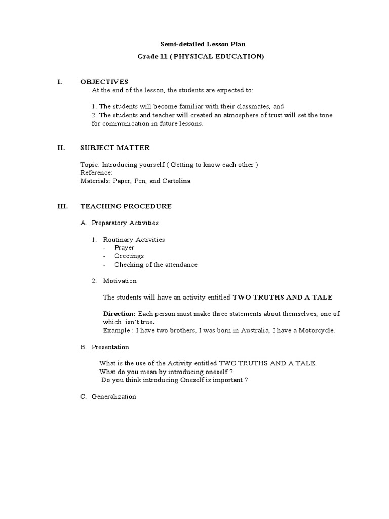 Semi-Detailed Lesson Plan Grade 11 (Physical Education) | PDF | Lesson ...