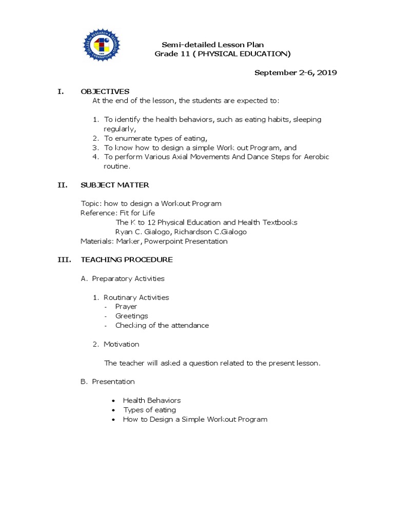 Semi-Detailed Lesson Plan Grade 11 (Physical Education) September 2-6 ...