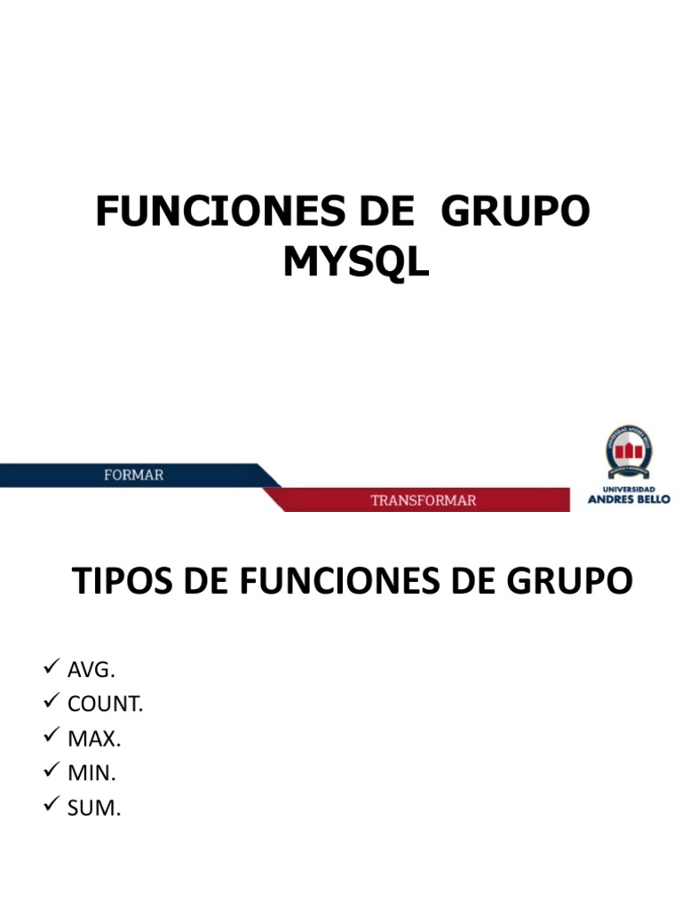 Funciones de Grupo en MySQL: Guía Rápida | PDF | Métodos y materiales ...