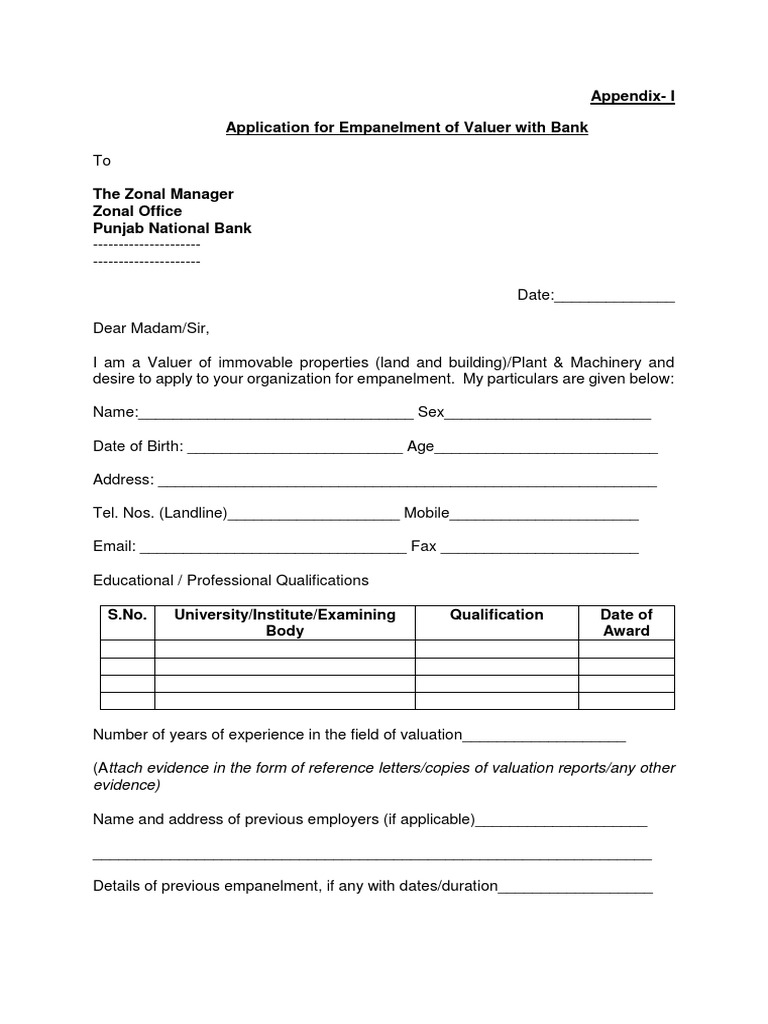Appendix-I Application Form For Empanelment of Valuers PDF | Download Free PDF | Real Estate ...