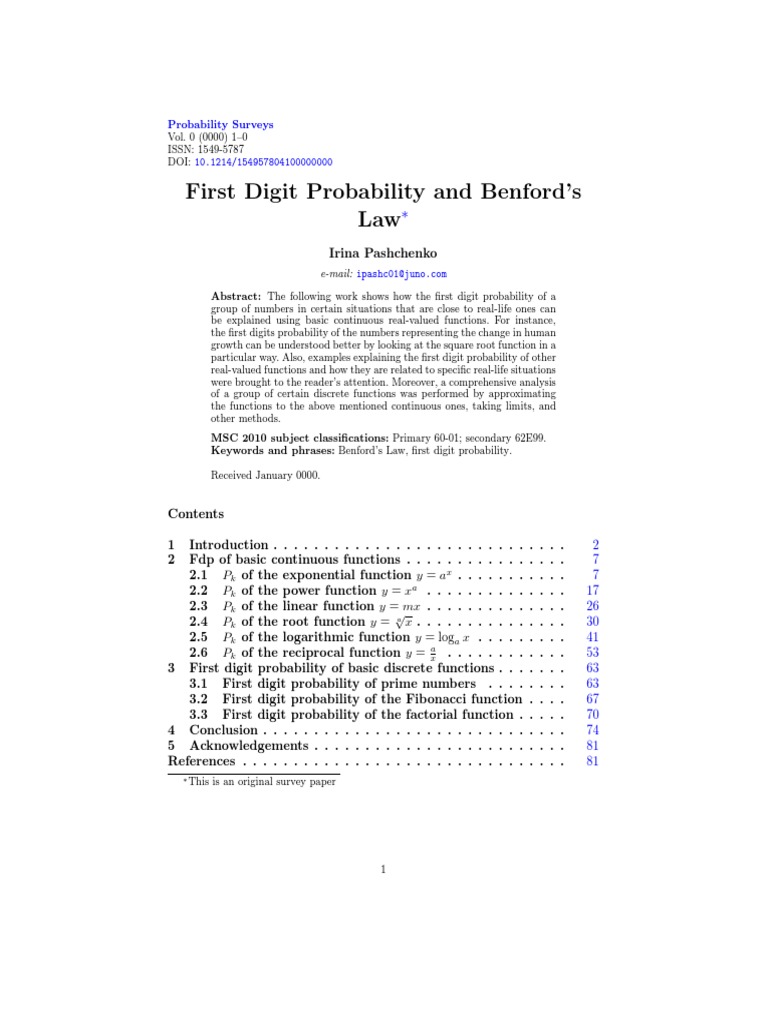 First Digit Probability and Benford's Law | PDF | Function (Mathematics ...