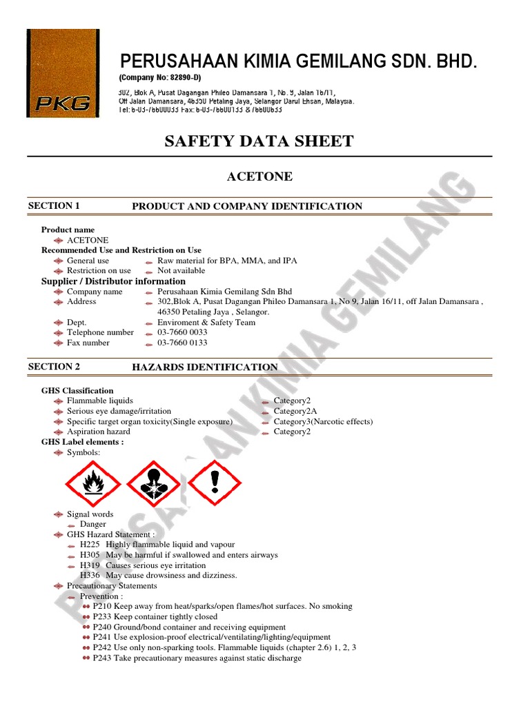 SDS Acetone - PKG PDF | PDF | Fires | Occupational Safety And Health
