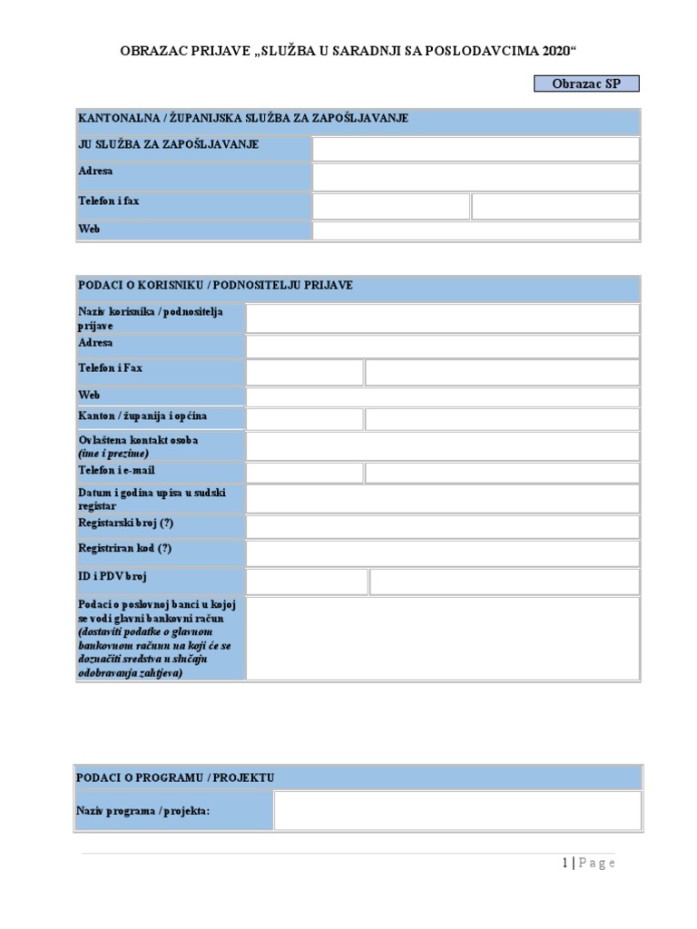 Prijavni Obrazac SP 2020 | PDF