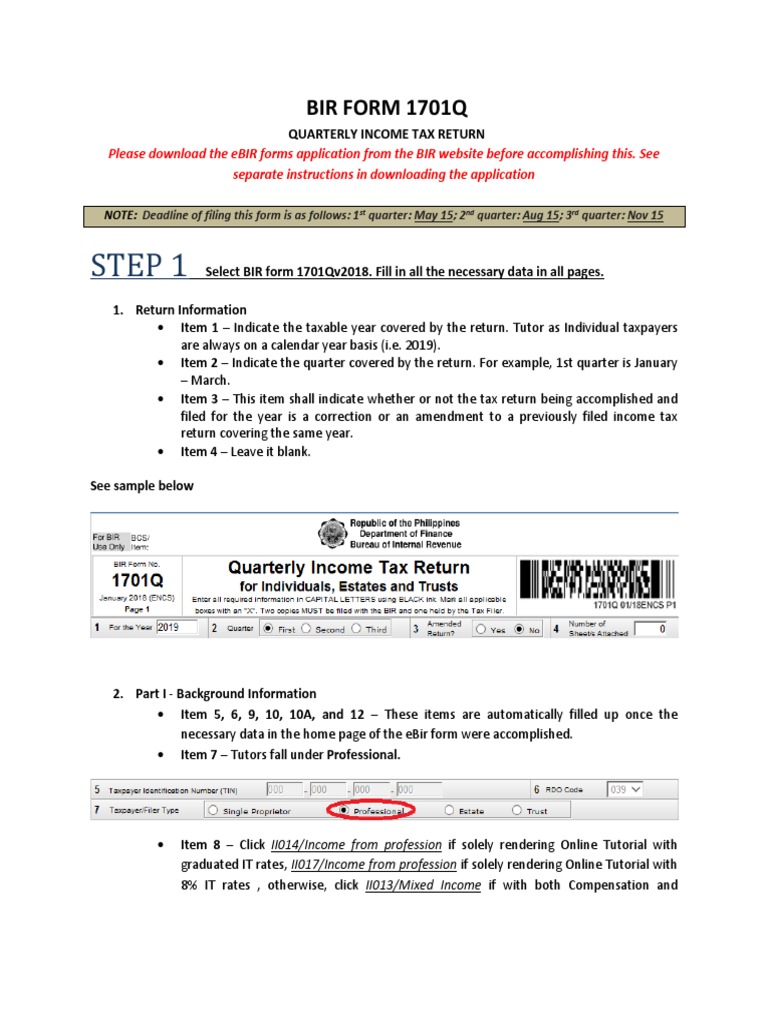 Step 1: Bir Form 1701Q | PDF | Tax Deduction | Withholding Tax
