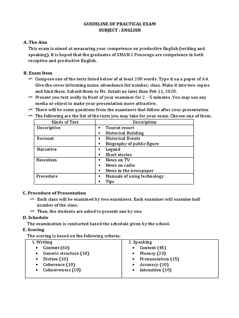 Guideline of Practical Exam Subject: English A. The Aim | PDF