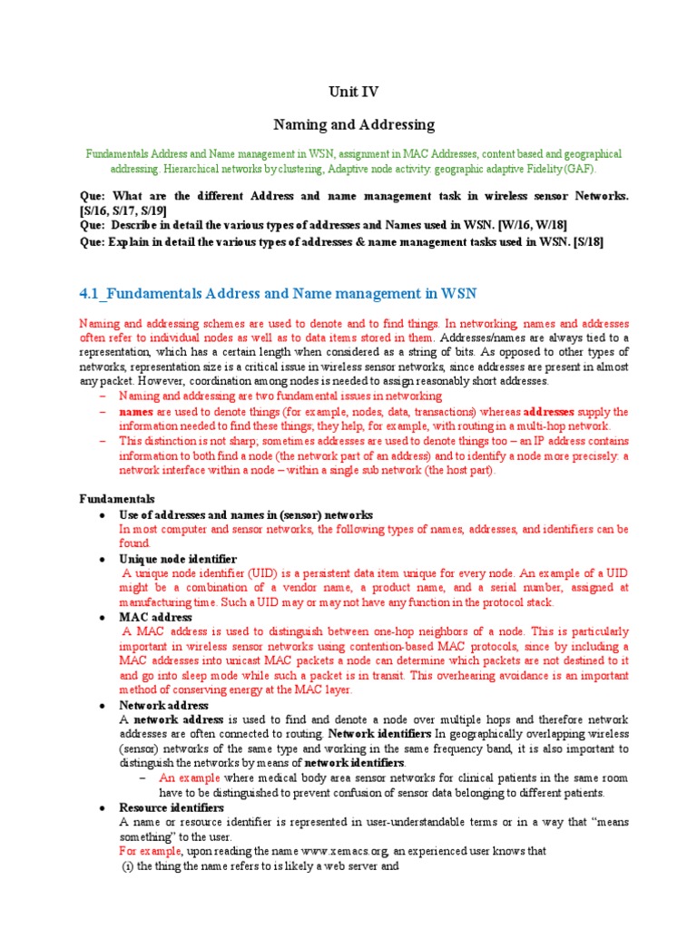 AWSN - Unit IV - 01 | PDF | Node (Networking) | Wireless Sensor Network