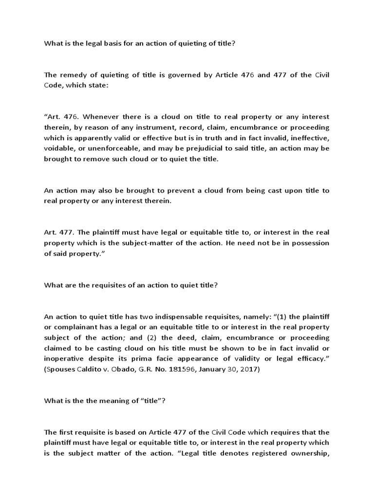Quieting of Title | PDF | Title (Property) | Declaratory Judgment