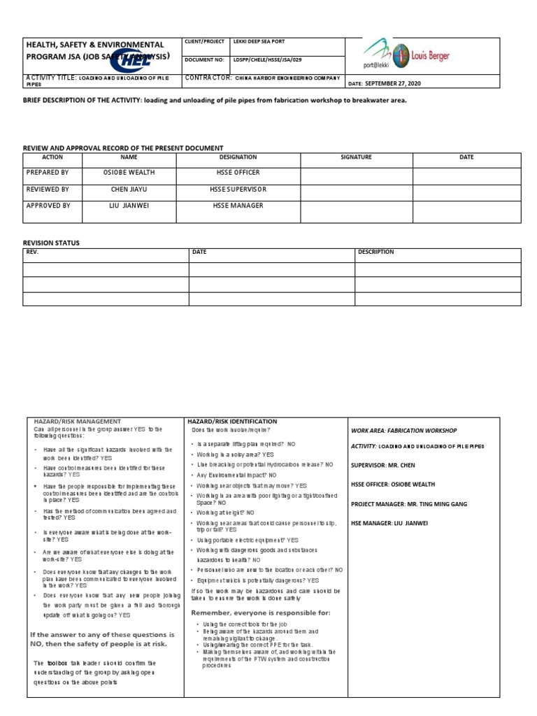 Jsa Loading and Unloading of Pile Pipes | PDF | Personal Protective ...
