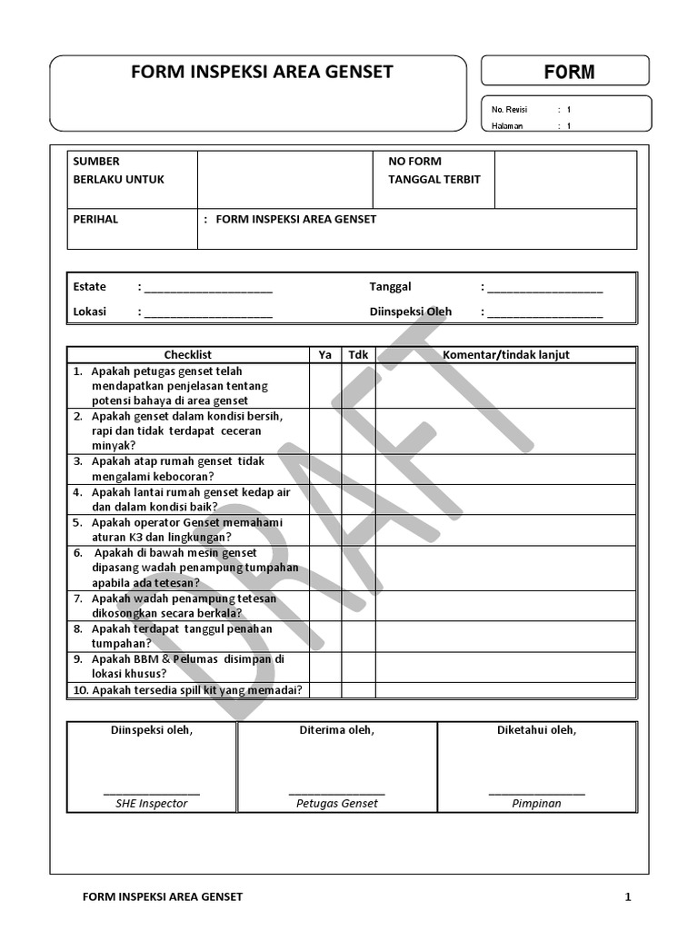 Form Inspeksi Area Genset | PDF