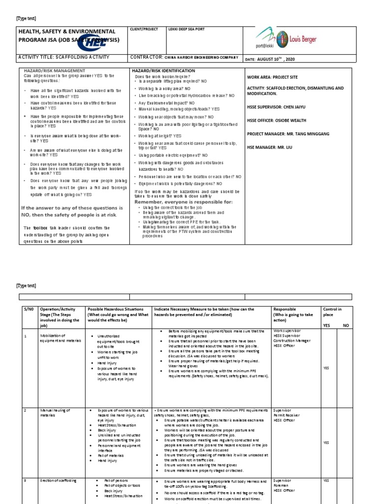Health, Safety & Environmental Program Jsa (Job Safety Analysis) | PDF ...