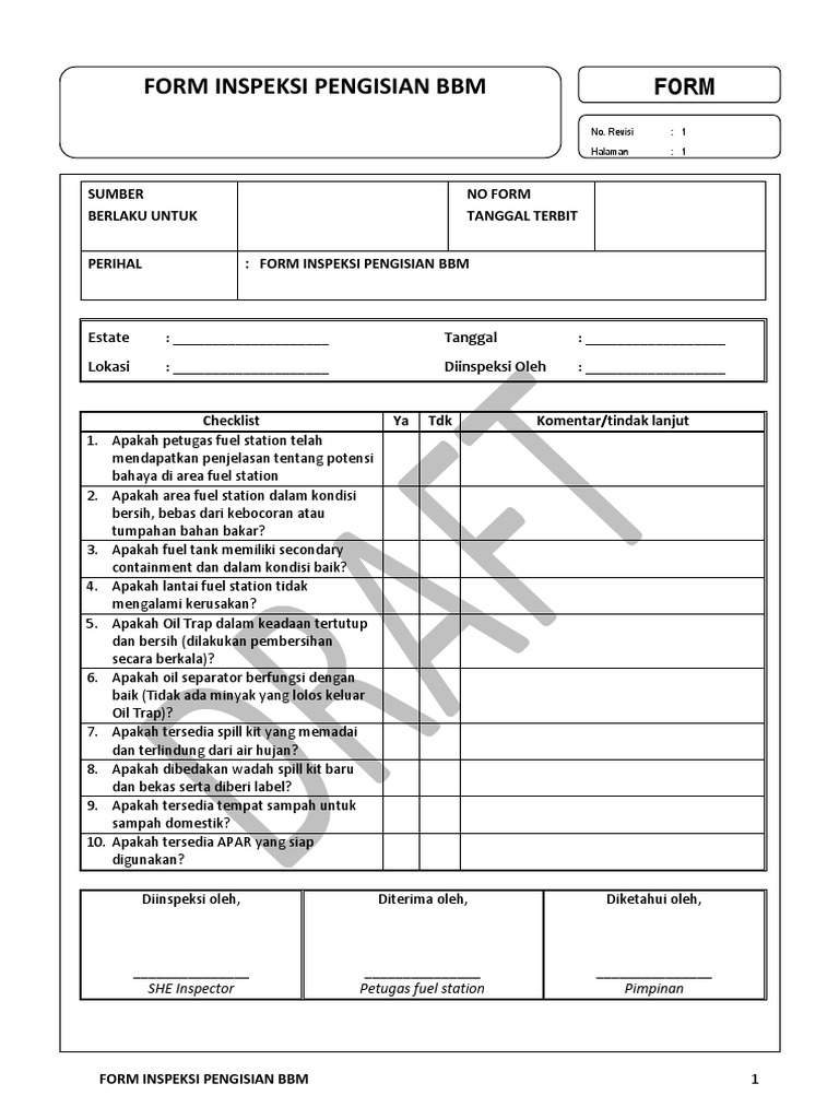 Form Inspeksi Pengisian BBM | PDF