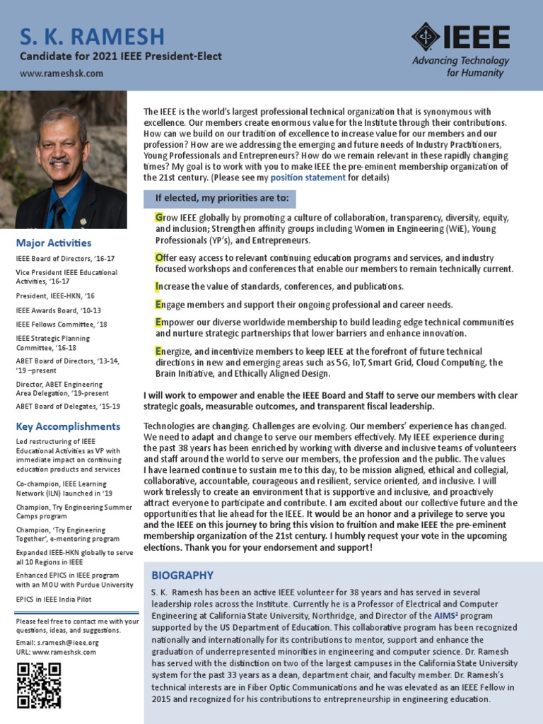 S. K. Ramesh: Candidate For 2021 IEEE President-Elect | PDF | Institute ...
