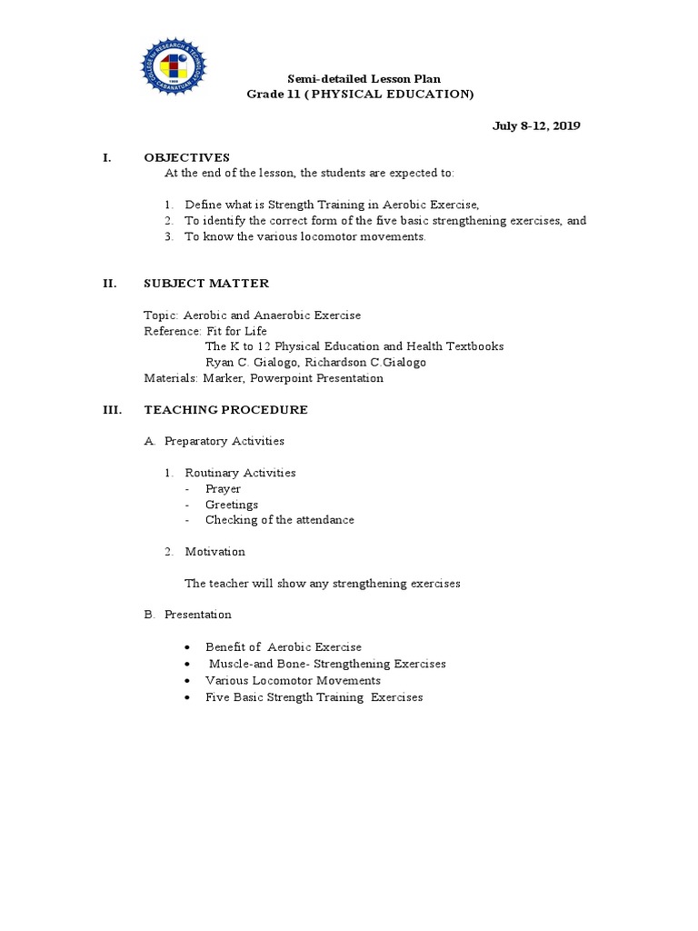 Semi-Detailed Lesson Plan Grade 11 (Physical Education) July 8-12, 2019 ...