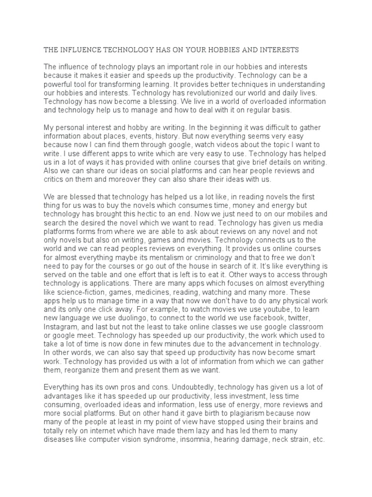 The Influence Technology Has On Your Hobbies and Interests | PDF ...