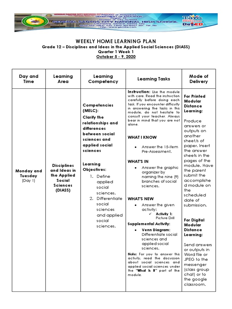 Weekly Home Learning Plan: Day and Time Learning Area Learning Competency Learning Tasks Mode of ...