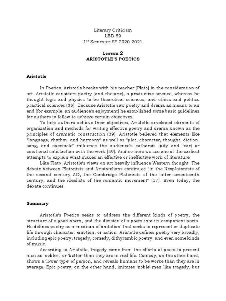 Lesson 2 Aristotle's Poetics | PDF | Tragedy | Aristotle