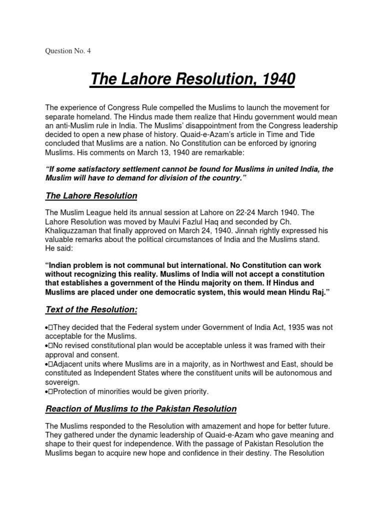 The Lahore Resolution, 1940: Question No. 4 | PDF | Political Theories ...