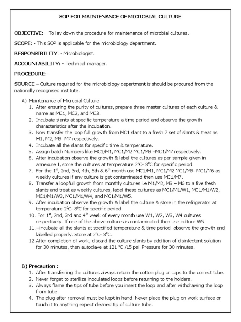 Sop For Maintenance of Microbial Culture | PDF | Sterilization ...
